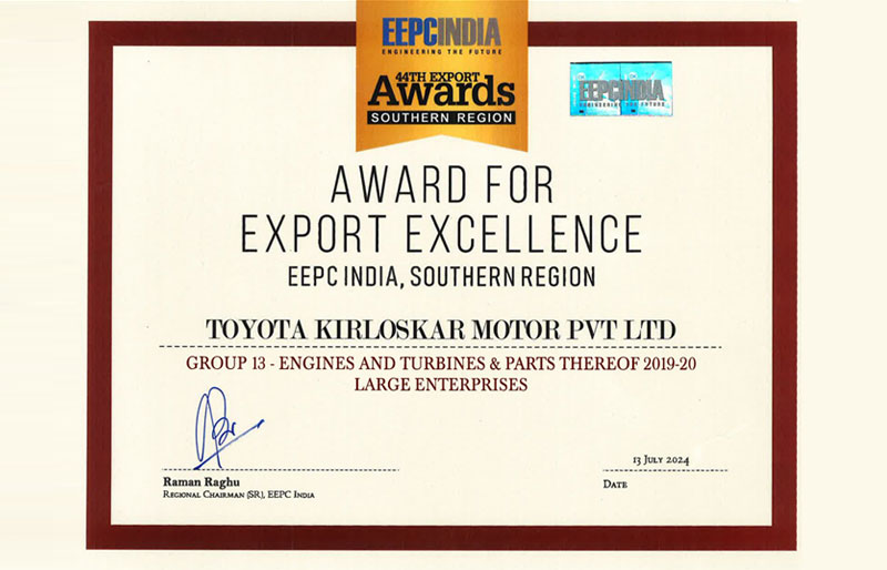 Toyota Kirloskar Motor Honoured with Prestigious EEPC Export Excellence ...